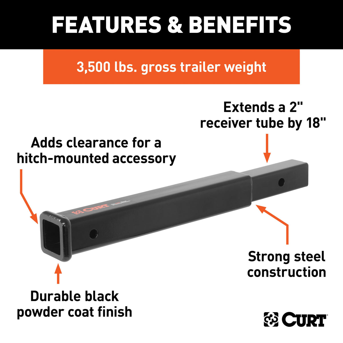 CURT 45796 18-Inch Long Trailer Hitch Extension for 2-Inch Receiver, 3 ...
